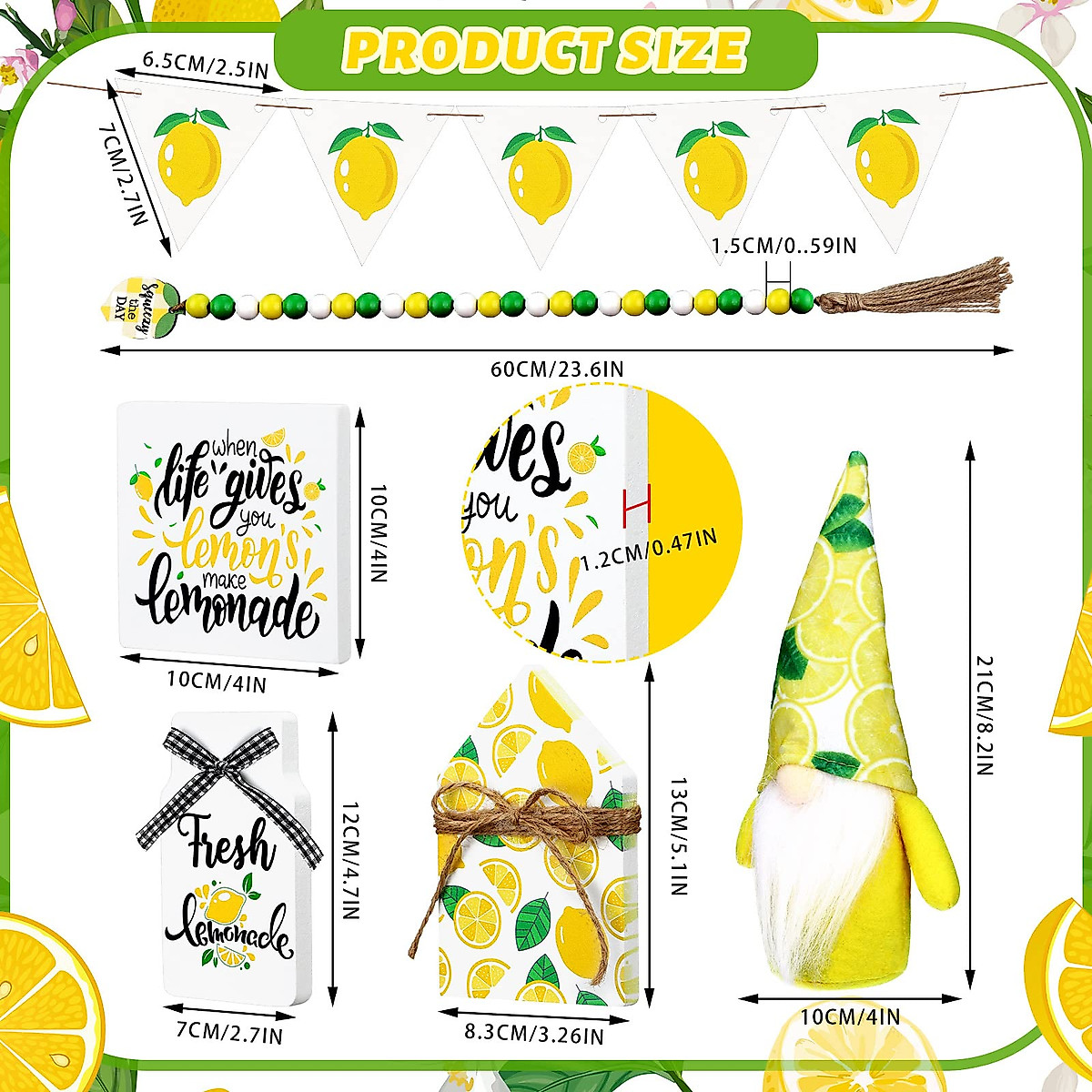 10 Pcs Tiered Tray Decor Fresh Wooden Tiered Try Decor Kitchen Decor Signs Wood Standing Sign Farmhouse Bead Garland Banner for Summer Peach Lemon Watermelon Strawberry Cherry Decor (Fresh Lemon)