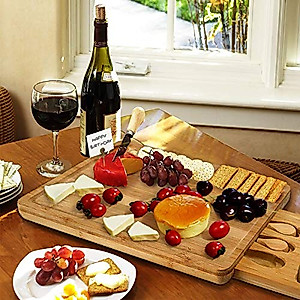 NIUXX Organic Bamboo Cheese Board with 4 Cheese Knives Set for Kitchen, 2 Compartments and 1 Sauce Container Charcuterie Platter, Rectangle Serving Tray with Hidden Cutlery Drawer for Party