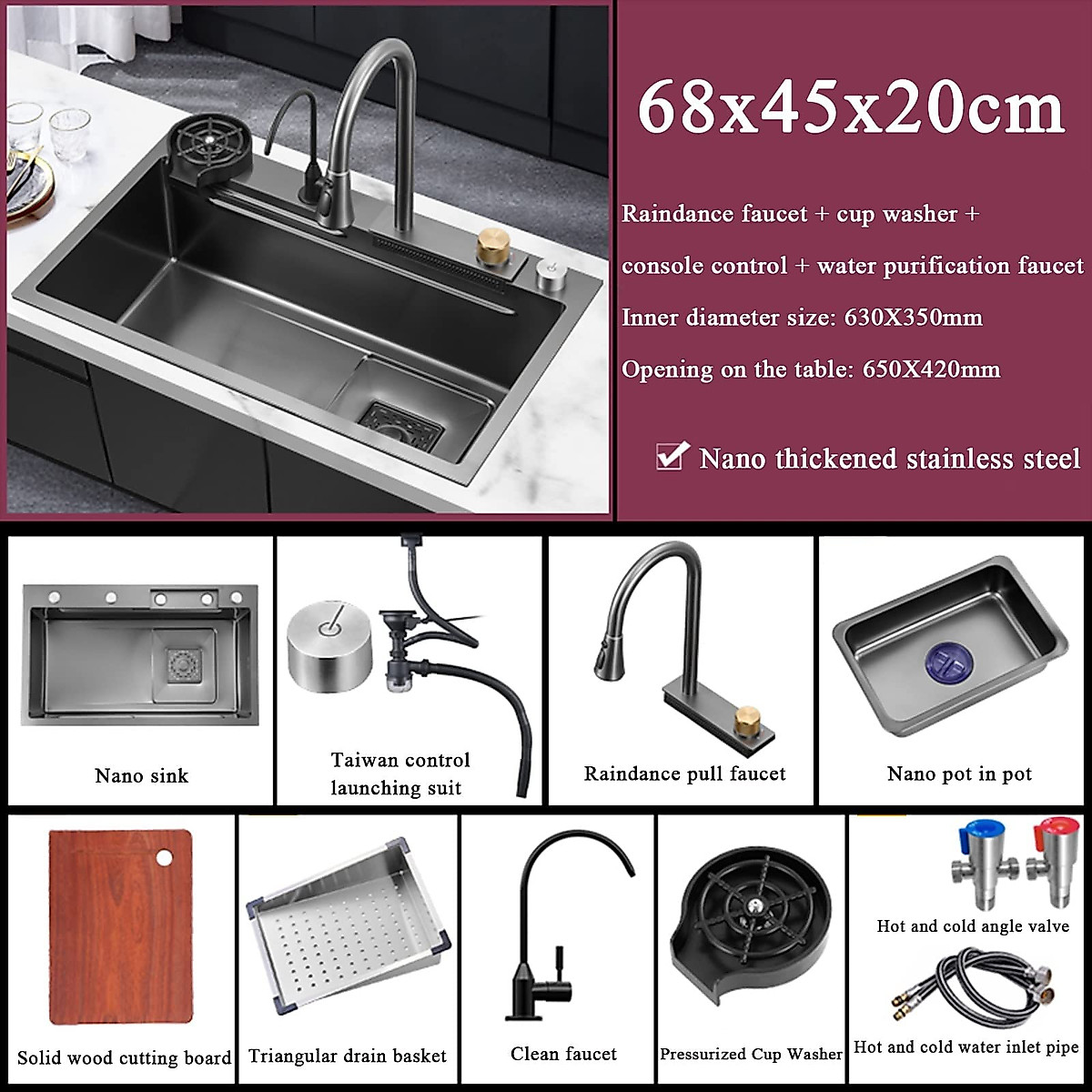 Ozetix Sink 304 Stainless Steel Nano Raindance Waterfall Sink Home Sink Vegetable Basin Single Sink Workstation Ozetix Sink With Pull-Out Faucet, Pressurized Cup Washer 68x45x20cm