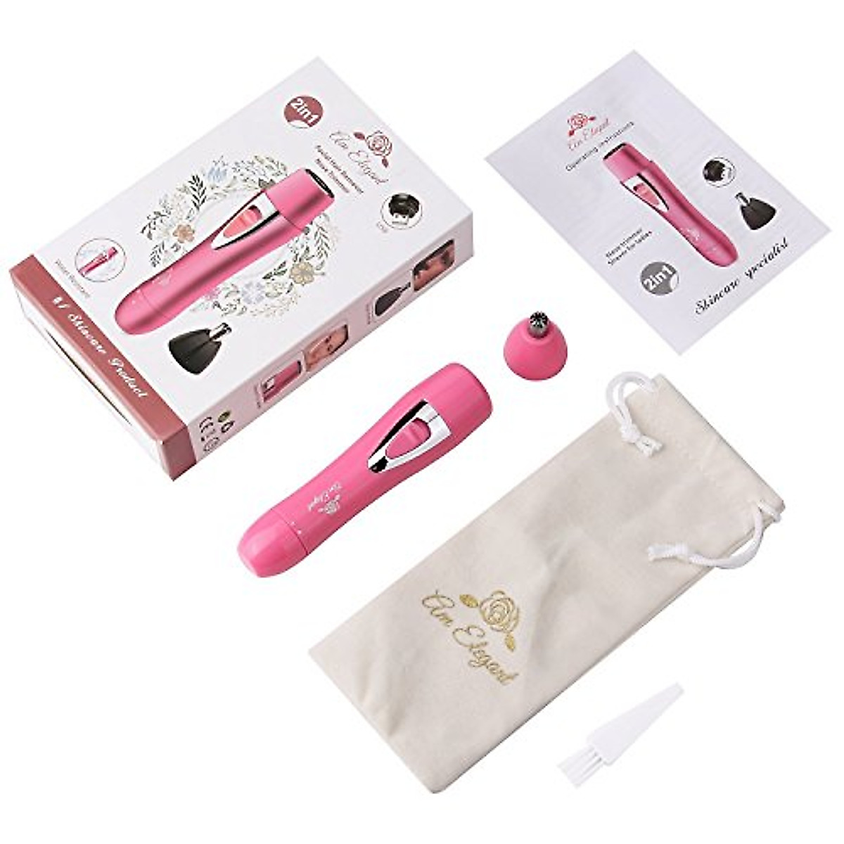 Rechargeable Facial Hair Removal for Women - Painless Nose Ear Eyebrows Trimmer Remover (Pink 2 in 1)