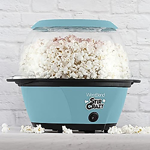 West Bend PC8270BL13 Stir Crazy Hot Oil Popcorn Popper, Popcorn Maker Machine with Large Serving Bowl Lid and Stirring Rod, 6 Qt, Blue