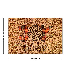 Joy to The World Coir Door Mat Merry and Bright Rug Buffalo Plaid Leopard Christmas Funny Thick Durable Non Slip Mat for Indoor Outdoor Porch Home Entryway 24x36in