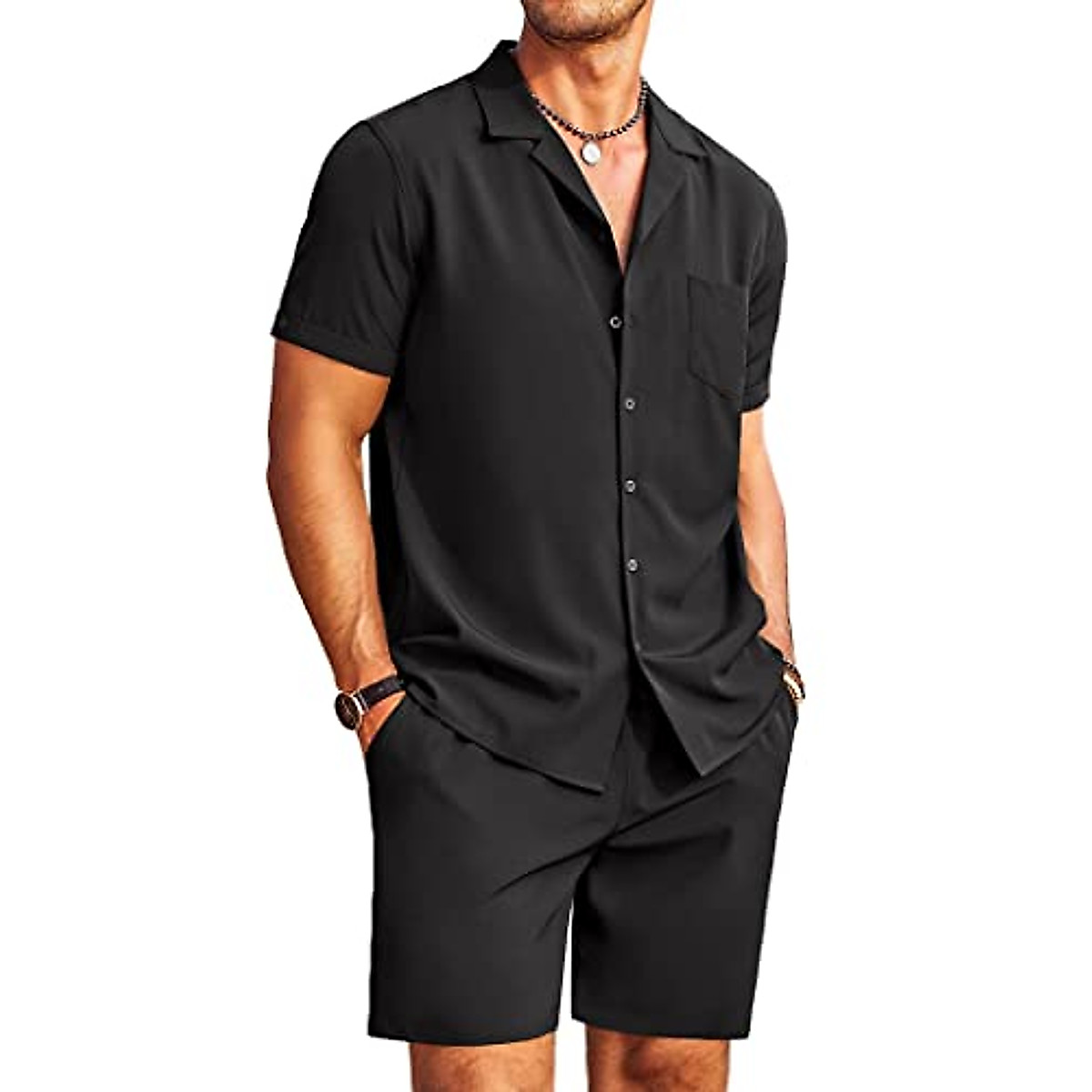 COOFANDY Men's 2 Pieces Shirt Set Short Sleeve Button Down Casual Hippie Holiday Beach T-Shirts Shorts Outfits (Black, Large)