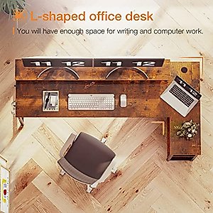 ODK Small L Shaped Desk, 66 inch Corner Desk with Reversible Storage Shelves, Computer Desk with Monitor Shelf and PC Stand for Home Office, Gaming Desk with Headphone Hooks, Rustic Brown