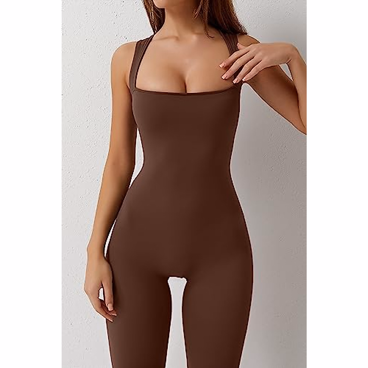 QINSEN Jumpsuit for Women Wide Leg Full Length Leggings Sexy Sleeveless Tank Flare Playsuit Coffee S