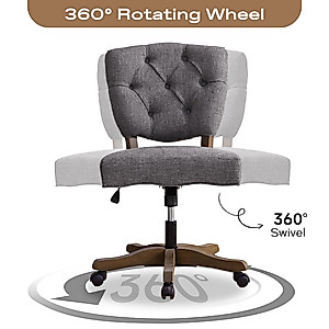 HUIMO Upholstered Swivel Desk Chair Chenille Tufted Fabric Home Office Chair with Wheels Adjustable Height Classic Task Chair with Wooden Legs Comfortable Armless Chair for Studio Study (Grey)