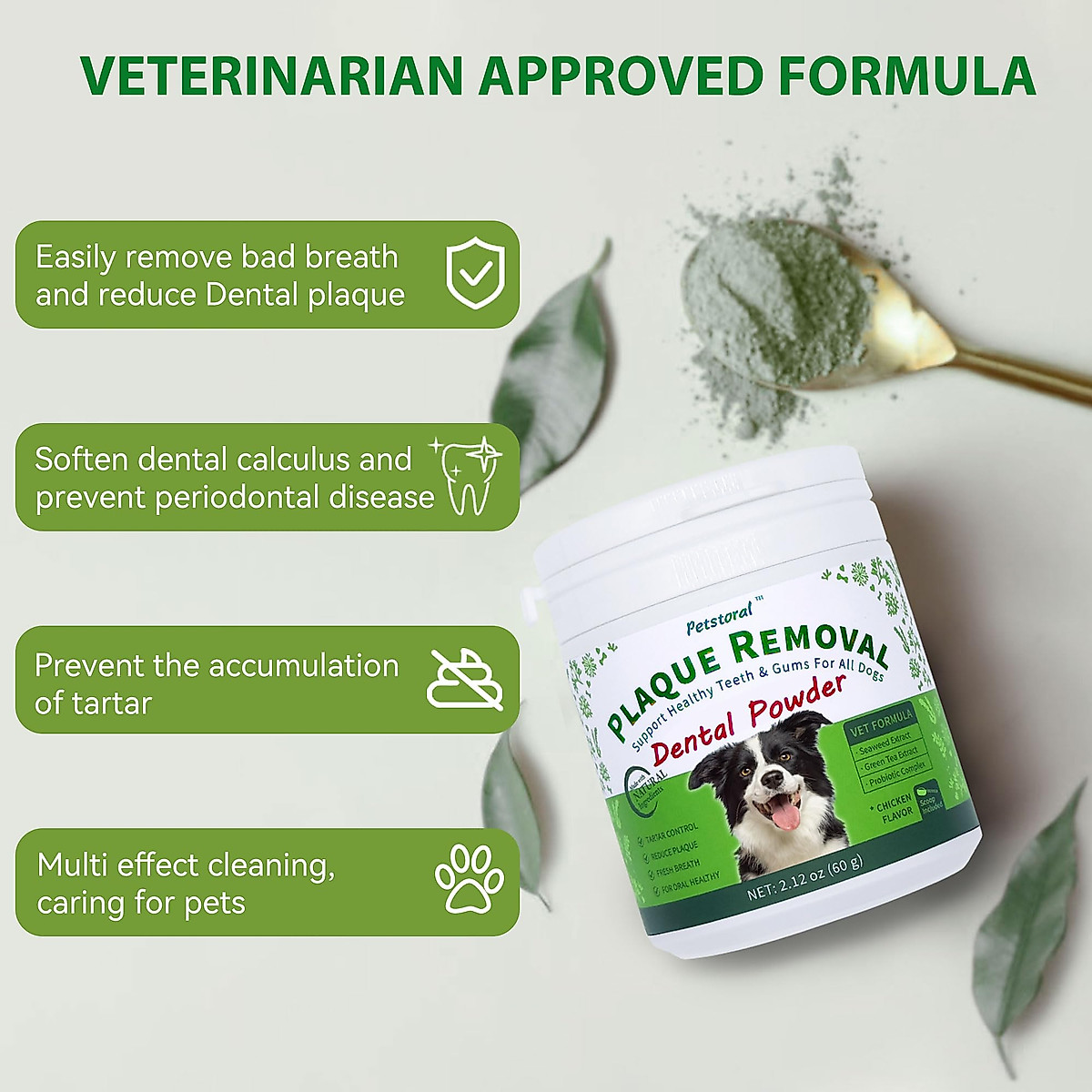 Petstoral 2-Pack Plaque Removal Natural Dental Powder, Dog Dental Care and Bad Breath Treatment, Dog Teeth Cleaning Powder for Healthy Teeth & Gums for All Dogs