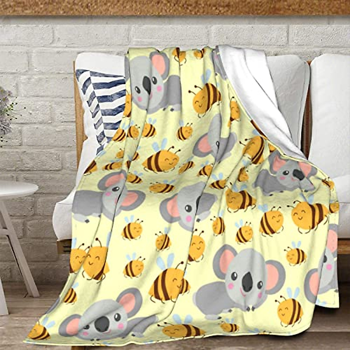 Rutiea Koala Babies and Yellow Bees Throw Blanket Ultra Soft Flannel Fleece Blanket for Sofa Couch Bed, Anti-Pilling Warm Cozy Microfiber Blanket for Kids Adult All Seasons