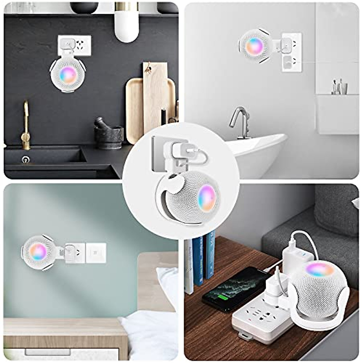 V-MORO HomePod Mini Wall Mount Holder, Outlet Mount Stand Hidden Cable Management for Apple HomePod Mini Smart Speaker Shelf Without Messy Wires Excellent Space Saving Punch-Free 2-Pack White