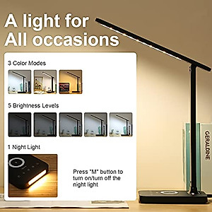 VAVOFO LED Desk Lamp with Fast Charger, USB Charging Port, Desk Light for Home Office with 5 Brightness Levels, Touch Control, 30/60 min Auto Timer, Eye-Caring Dimmable Table Lamp with Adapter