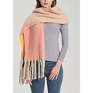 Wander Agio Winter Warm Scarf for Women Long Shawl Large Scarves Cold Weather Thick Blanket Scarfs Color Matching Yellow Pink 9