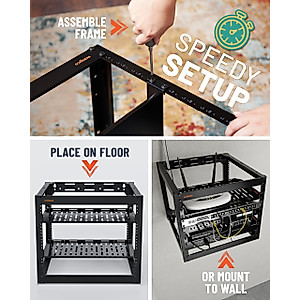 ECHOGEAR 10U Network Rack - Wall Mountable Heavy Duty 4 Post Design Holds All Your Networking & AV Gear - Open Frame Design Includes 2 1U Vented Shelves & Mounting Hardware