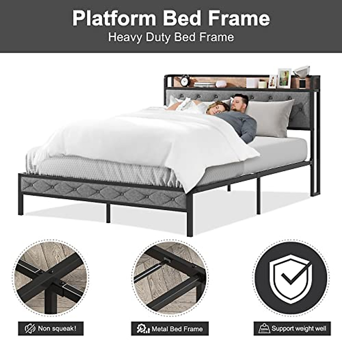 CBBPET Full Size Bed Frame with Headboard, Bed Frame with Charging Station, Platform Bed Frame Full No Box Spring Needed - Easy to Assemble