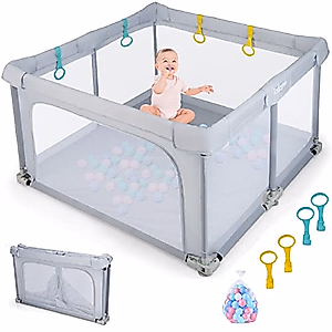 INFANS Baby Playpen Foldable, 50’’x50’’ Large Baby Playard for Toddlers with Gate, Soft Visible Mesh, Indoor Outdoor Kids Activity Center Baby Fence with 4 Handlers 50 Ocean Balls (Gray)