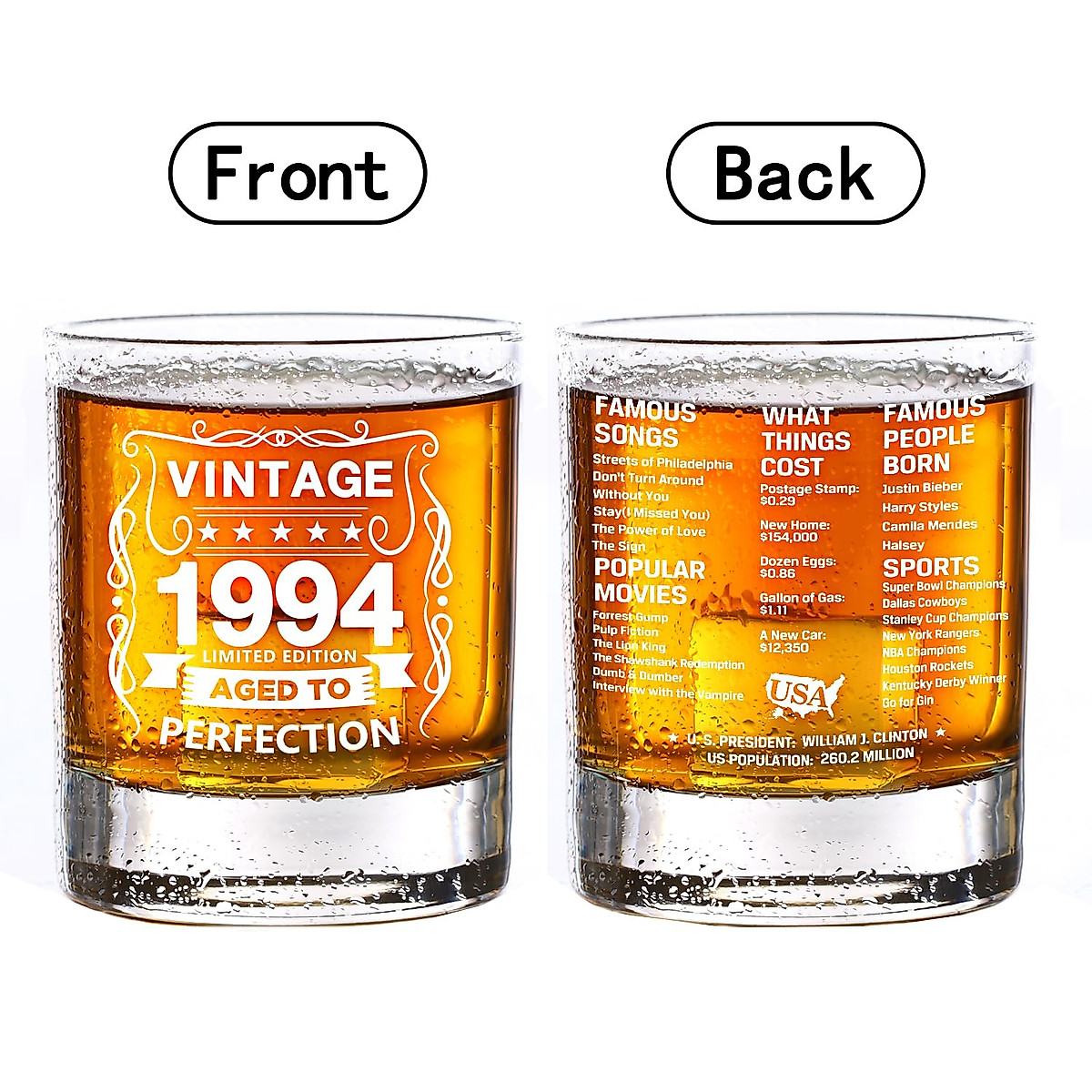 Old Fashioned Glasses-1994-Vintage 1994 Old Time Information 10.25oz Whiskey Rocks Glass -30th Birthday Aged to Perfection - 30 Years Old Gifts Bourbon Scotch Lowball Old Fashioned-1PCS