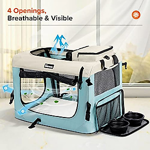 Reerooh Large Cat Carrier 24"x17"x17", Soft Dog Crate with 2 Bowls, Collapsible Travel Pet Carrier Bag for Cats Dogs Puppies Kittens (Blue)