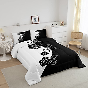 Castle Fairy Black and White Comforter Set,Modern Floral Bedding Set for Kids Girls Women,Adults Abstract Art Comforter,Yin and Yang Quilted Duvet Set Bedroom Collection Twin Size 2Pcs