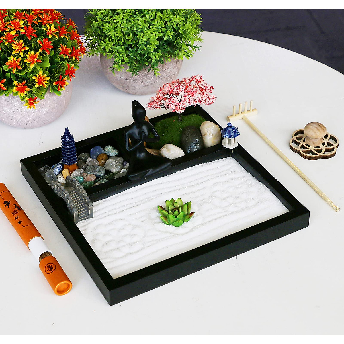 Desktop Meditation Yoga Zen Garden Kit Japanese Tabletop Rock Sand Chakra Shrine Altar Japanese Zen Decor Home Office Desk Zen Gifts for Women Man Birthday w/Rake Tool Accessories Bonsai