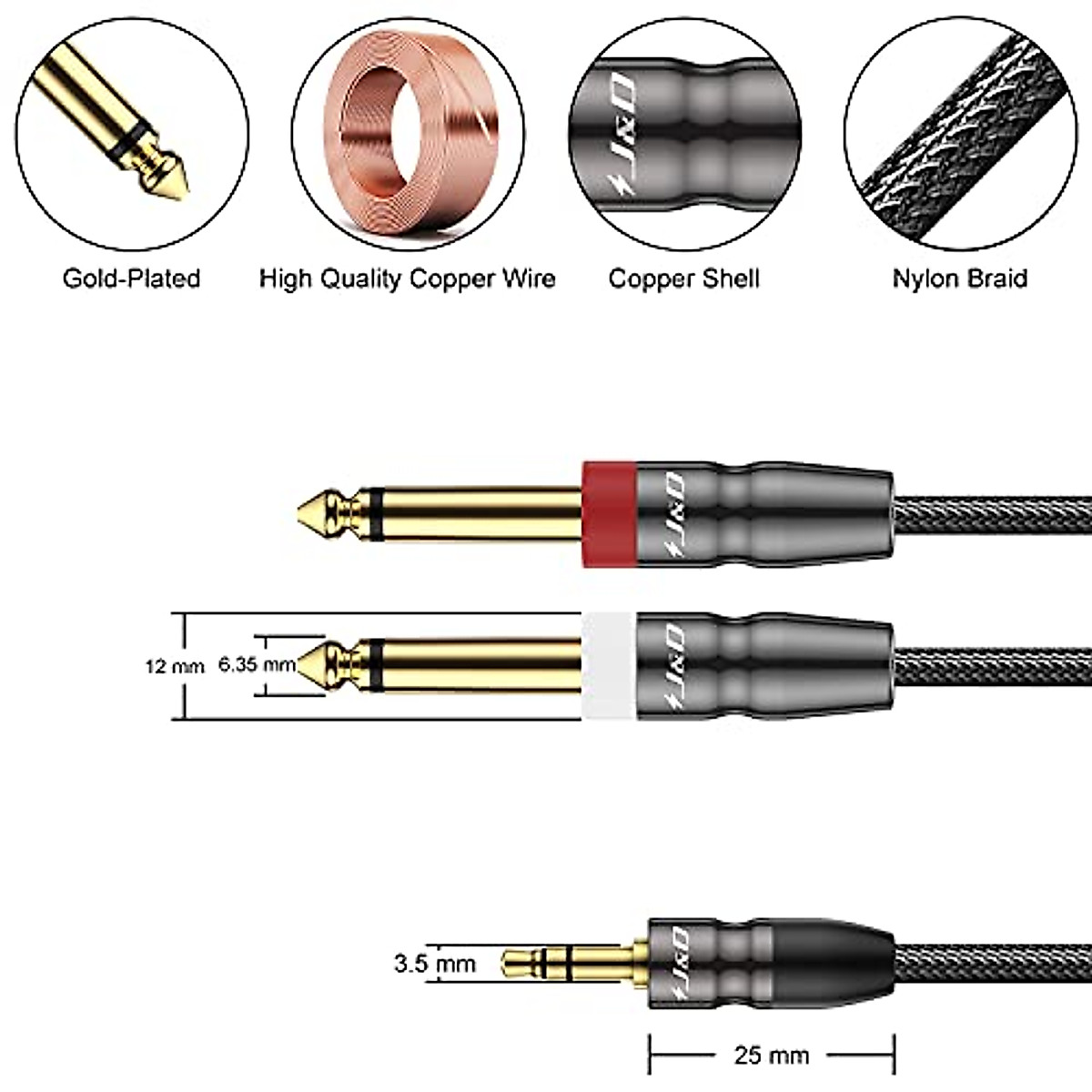 J&D 3.5mm to Dual 1/4 inch Stereo Splitter Y Cable, 3.5mm 1/8 inch TRS Stereo Male to Dual 1/4 inch 6.35mm Mono Male Y-Splitter Cable for Phone/Amplifiers/Mixer Audio Recorder, 1.5 Feet