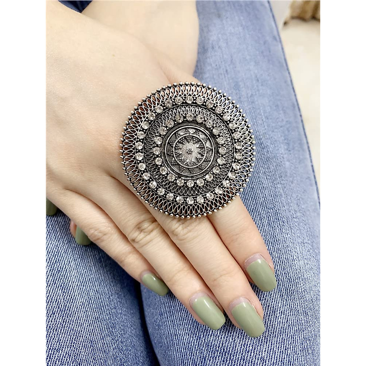 Dtja Boho Exaggerated CZ Statement Ring for Women Adjustable Bohemian Antique Mosaic Crystal Expandable Big Open Wrap Finger Rings Comfort Fit Retro Indian Style Jewelry (Silver Star)