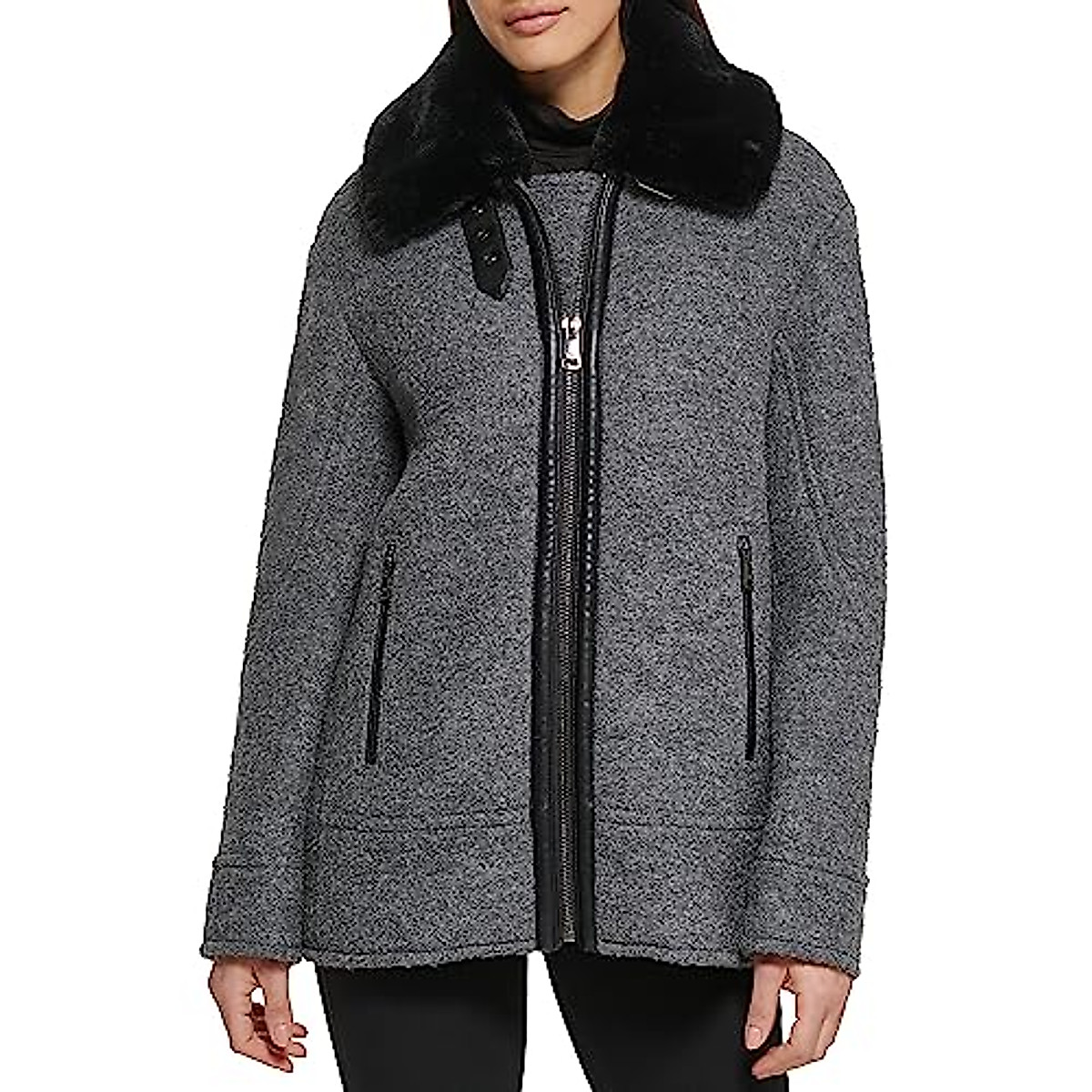 Kenneth Cole Women's Faux Trim Jacket, Fur Collar Charcoal, X-Small