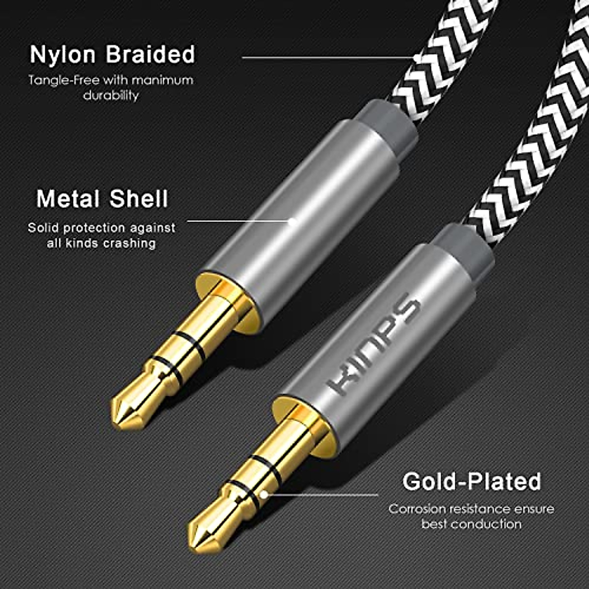 KINPS Auxiliary Audio Cable 3.5mm Aux Cord Stereo Jack Male to Male Aux Cable for Phones, Headphones, Speakers, Tablets, PCs, MP3 Players and More (10FT/3M, Gray)