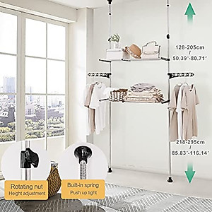 BAOYOUNI 2-Tier Adjustable Laundry Shelf Over The Toilet Washing Machine Storage Rack Tension Pole Bathroom Space Saver Organizer with Clothes Towels Hanger Hook, Black