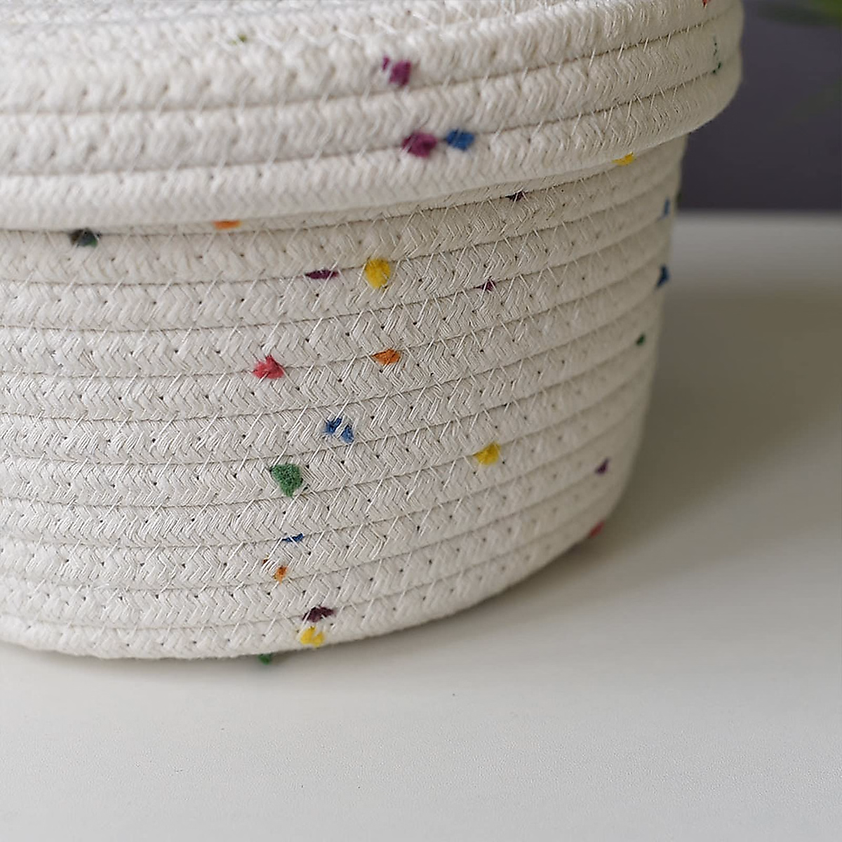 Cotton Rope Storage Basket with Lid Round Basket Small Woven Basket with Lid Decorative Woven Baskets for Organizing for Home Storage, Living Room(22x14cm)