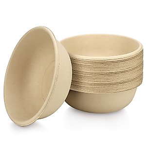 HeloGreen 24 oz. 50 Count 100% Compostable Bowls – Paper Bowls, Eco Friendly Biodegradable, Disposable Bowls, Hot Soup and Cold Food, Heavy-Duty Quality, Natural, Made of Bagasse Sugar Cane Fibers