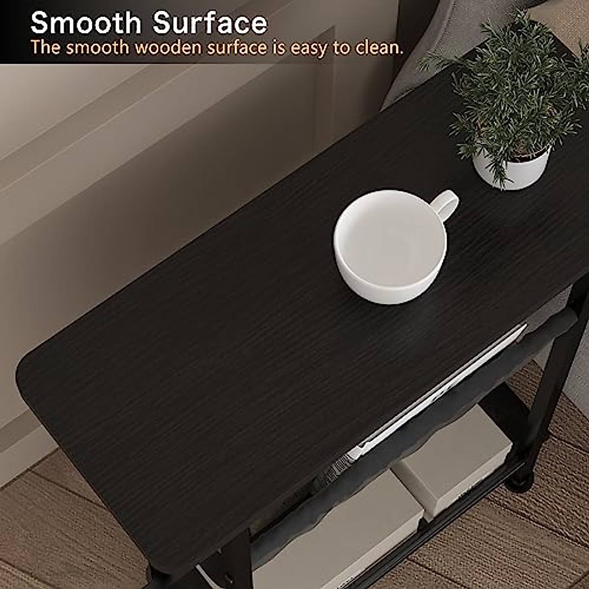 Walmokid 3 Tier Side Table with Magazine Holder, Industrial End Table with Open Storage, Wooden Bedside Table, Sofa Table, Nightstand for Living Room, Bedroom, Small Spaces, Easy Assembly, Black