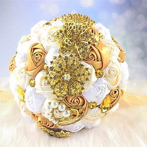 Abbie Home Advanced Customization Romantic Bride Wedding Holding Toss Bouquet Creamy White Rose Brooch with Pearls and Rhinestone Decorative brooches Accessories-(Champagne + White + Ivory)