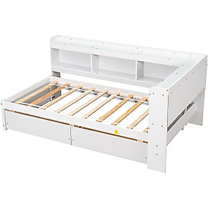DEINPPA Twin Size Bookcase Bed, L Shape Captain Bed Frame with Storage Drawers, Wooden Platform Bed with Bookcase Headboard, Hug Bed Frame for Kids Teens Boys Girls-White