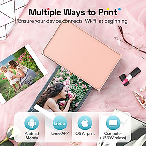 Liene 4x6'' Photo Printer Bundle (60 Sheets + 2 Ink Cartridges), Wi-Fi Picture Printer, Photo Printer for iPhone, Android, Smartphone, Computer, Dye-Sublimation, Photo Printer for Home Use, Pink