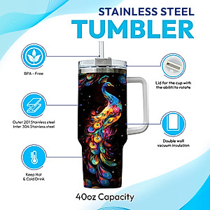 Hyturtle Personalized Peacock Tumbler - Floral Peacock Gifts For Women - Animal Present For Peafowls Lover Her - Mothers Day Present For Mom - Custom Name Travel Coffee Cup 40 oz With Lid And Straw