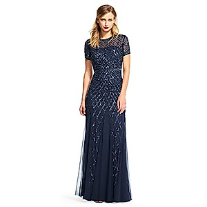 Adrianna Papell Women's Short-Sleeve Beaded Mesh Gown, Navy, 8