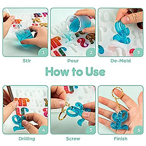 Mocoosy 182Pcs Reversed Silicone Alphabet Resin Molds Kit, Fancy Letter & Ornament Molds Epoxy Resin Casting Molds Resin Keychain Making Set with 1 Hand Drill 2 Drill Bits 30 Key Rings 100 Screw Pins