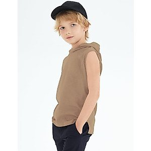 Spring&Gege Boys Hooded Tank Top Solid Basic Sleeveless Pullover Hoodie Uniform Workout Comfy T-Shirt, Khaki, 9-10 Years