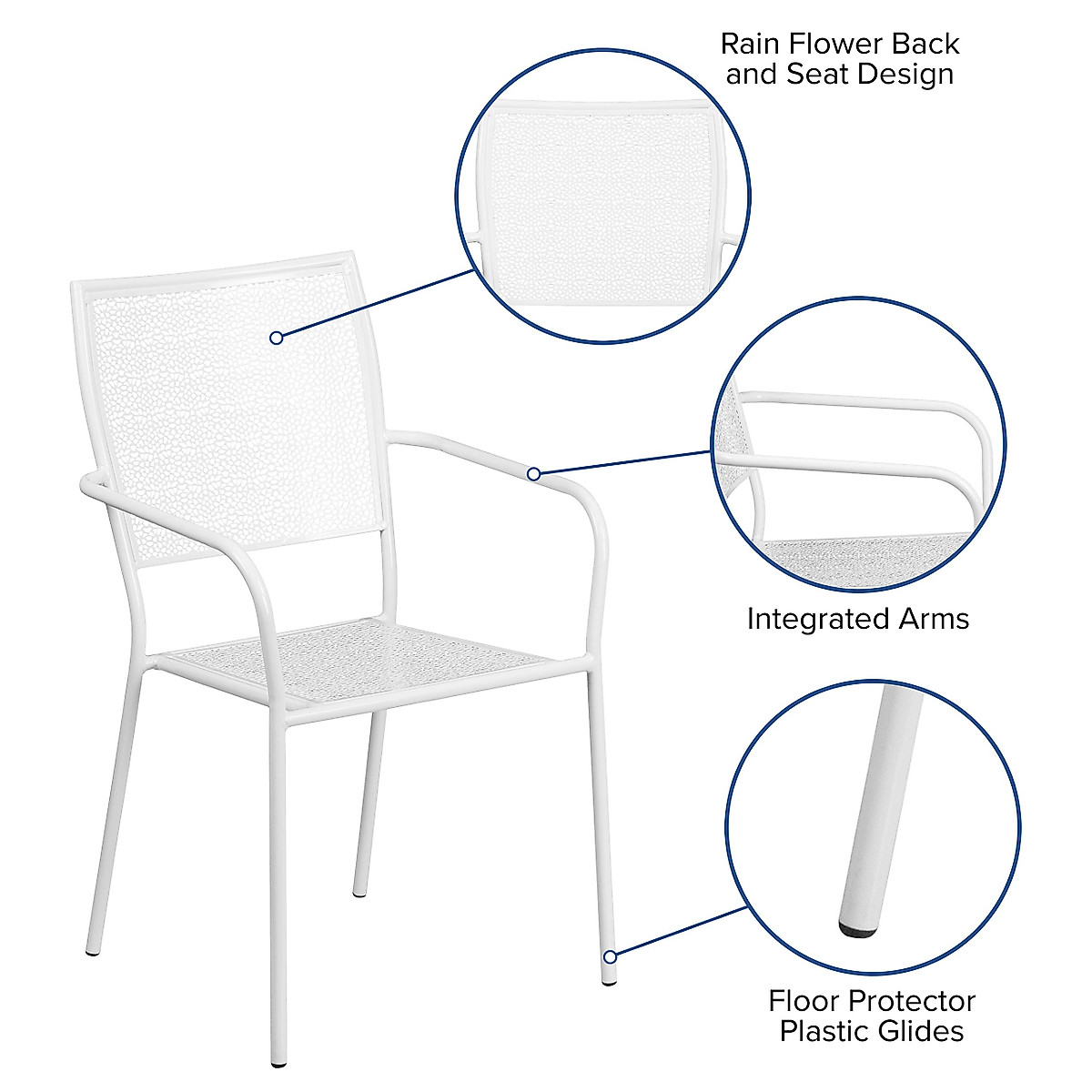 EMMA + OLIVER Commercial Grade White Indoor-Outdoor Steel Patio Arm Chair with Square Back