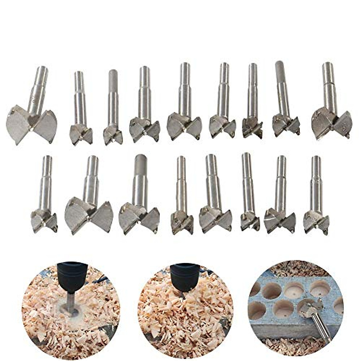 Woodworking Forstner Drill Bits Sets, HEHEINC 17 PCS Carbon High Speed Steel Wood Working Hole Cutter Titanium Coated Wood Boring Hole Drilling Sets with Round Shank 15mm-38mm
