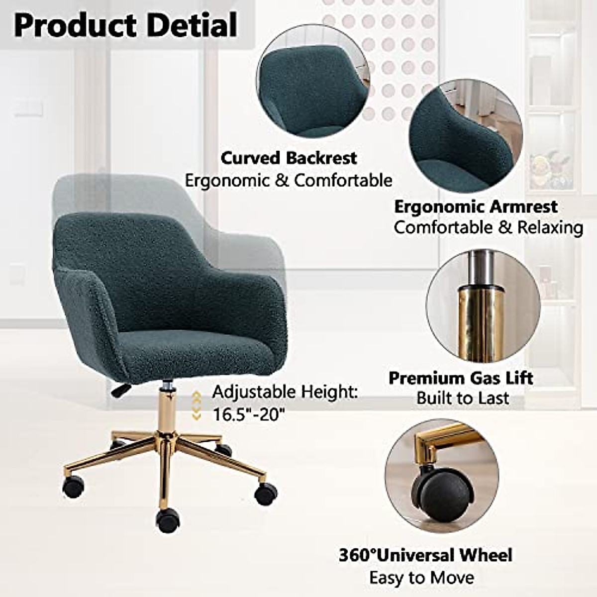 Modern Teddy Home Office Chair, Upholstered Cute Desk Chair with Gold Metal Legs, Adjustable Swivel Task Chair with Wheels, Vanity Chair for Girls Women Small Space Bedroom Study Makeup, Green
