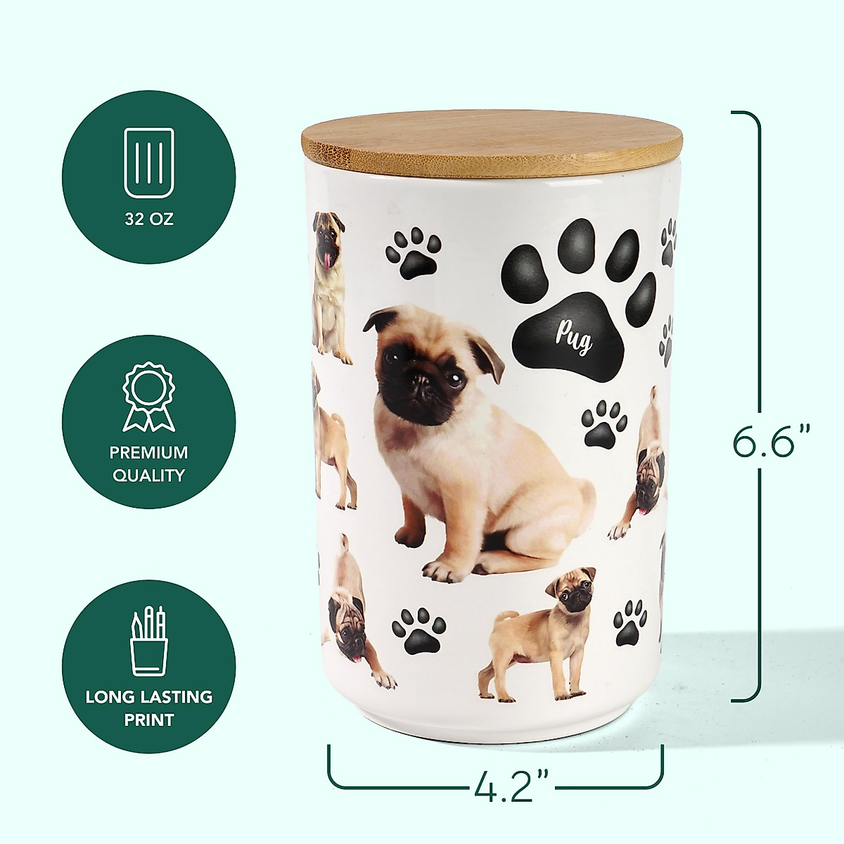 Greenline Goods Premium Dog Treat Ceramic Canister Set – Pug Airtight Canister for Fresh Treats, Ceramic Jar & Containers with Lids, Farmhouse Canisters, Ideal Kitchen Canisters for Countertop