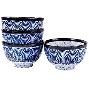 Cerficer Japanese Rice Bowl - 10.2oz Ceramic Sushi Bowl with Blue Wave Pattern,Thickened Bowl Wall,Perfect Small Bowl for Rice, Snacks, Desserts, and Sauces,Asian Rice Bowl Set