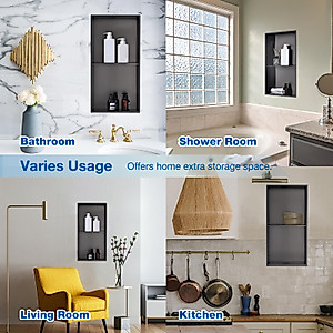 ZDHHT Black Shower Niche Wall Inserted, 12" X 24" X 4" Black Stainless Steel Shower Niche Double Shelves Recessed Modern Wall Niches No Tile Needed, for Kitchen Bathroom Bedroom or Tub Storage