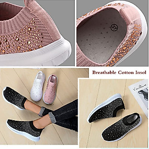Dimleen Womens Rhinestones Glitter Fashion Mesh Walking Shoe Breathable Slip-on Loafers Non-slip Orthopedic Arch Support Sock Sneaker (black,10,Women,10)