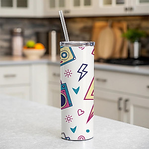 80's Eighties Theme Style Skinny Tumbler 20oz with Straw Insulated Water Bottle Gift