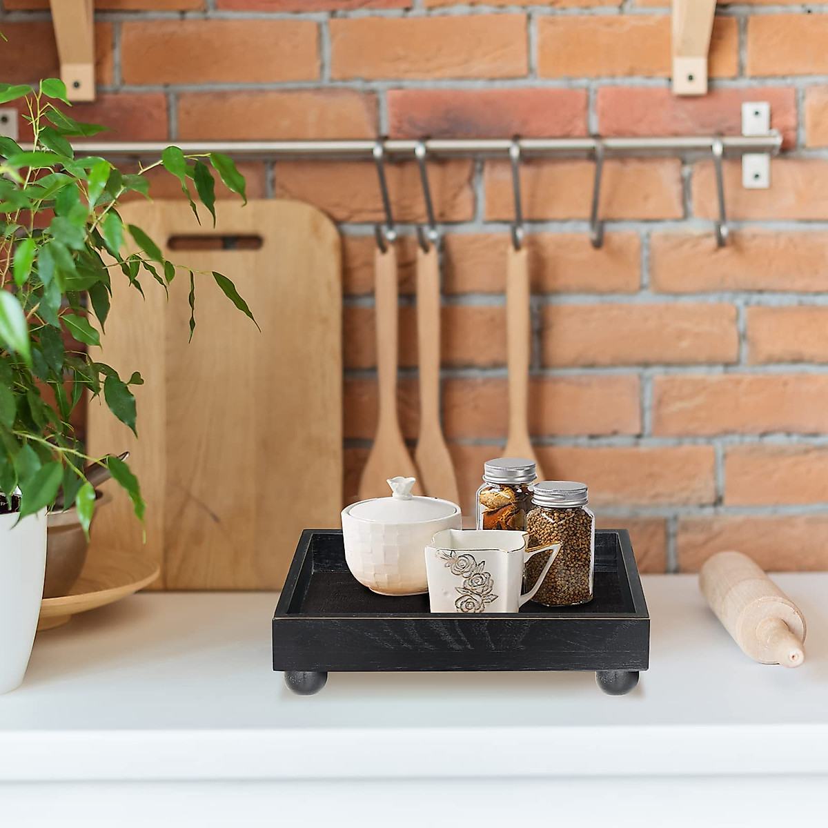 OLLVIA Farmhouse Wood Tray Risers, Distressed Black, Round, 24-Inch