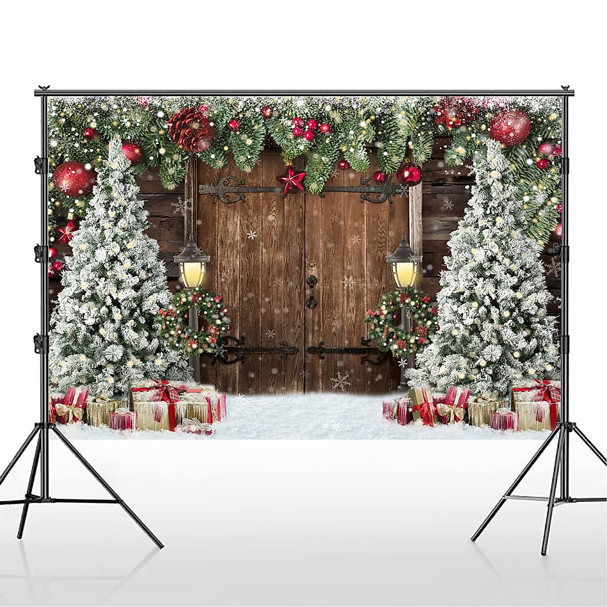 Lofaris Winter Christmas Backdrop Xmas Photography Backdrop Rustic Barn Wood Door Backdrop Xmas Tree Snow Gift Bell Kids Adult Family Supplies Banner Party Baby Shower Decoration Background 9x6ft