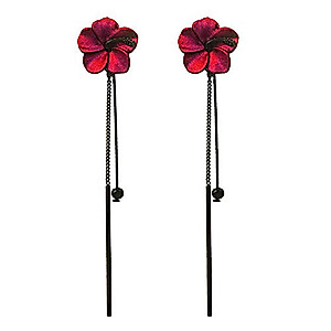 Trendy Red Green Poppy Flower Black Long Line Bar alloy Tassel Earrings for Women Charm Drop Dangle Earring Jewelry (Red)