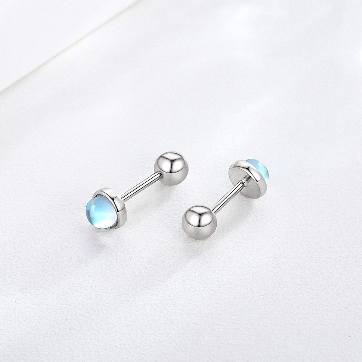 Moonstone Earrings 925 Sterling Silver Tragus Earrings Cartilage Earrings Screw Back Earrings Helix Piercing Jewelry Hypoallergenic Earrings for Women (A-Silver, 4)