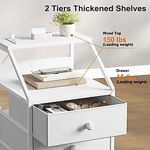 REAHOME Nightstand Set of 2, White Night Stands with Charging Station, Bedside Tables with 3 Fabric Drawers and 2-Tie Storage Shelves, Modern Side Table for Bedroom Living Room - White